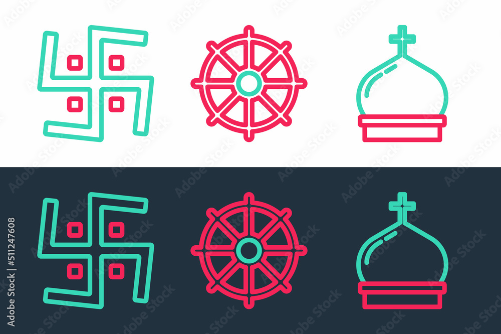 Set line Church tower, Hindu swastika and Dharma wheel icon. Vector ...