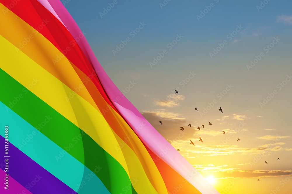 Waving LGBT pride flag on sunset sky with flying birds, rainbow flag background. Multicolored ...