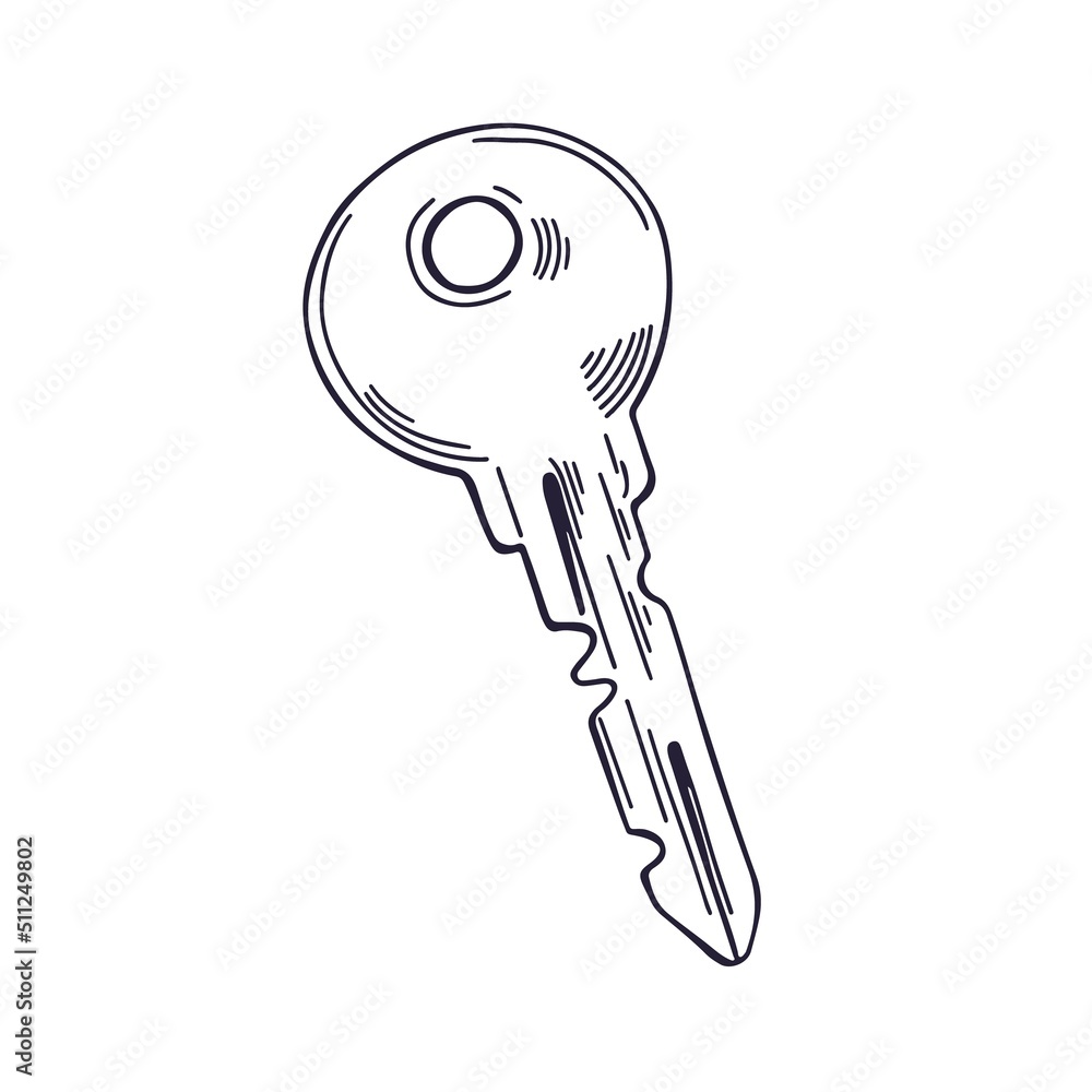 Door Key Outlined Black And White Drawing In Vintage Style Etched