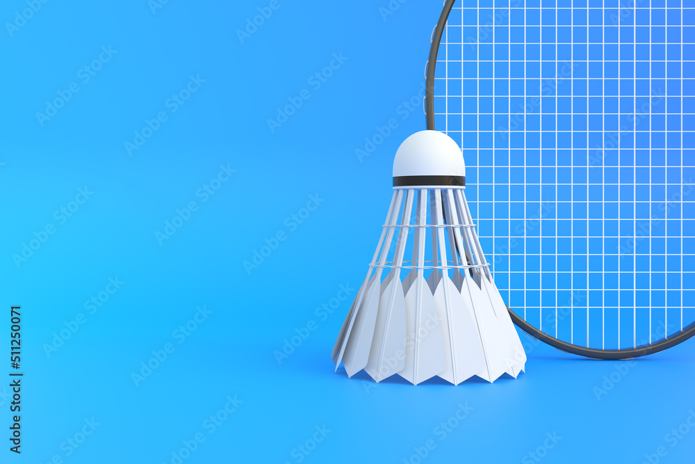 Badminton racket and shuttlecock on blue background. 3d rendering ...