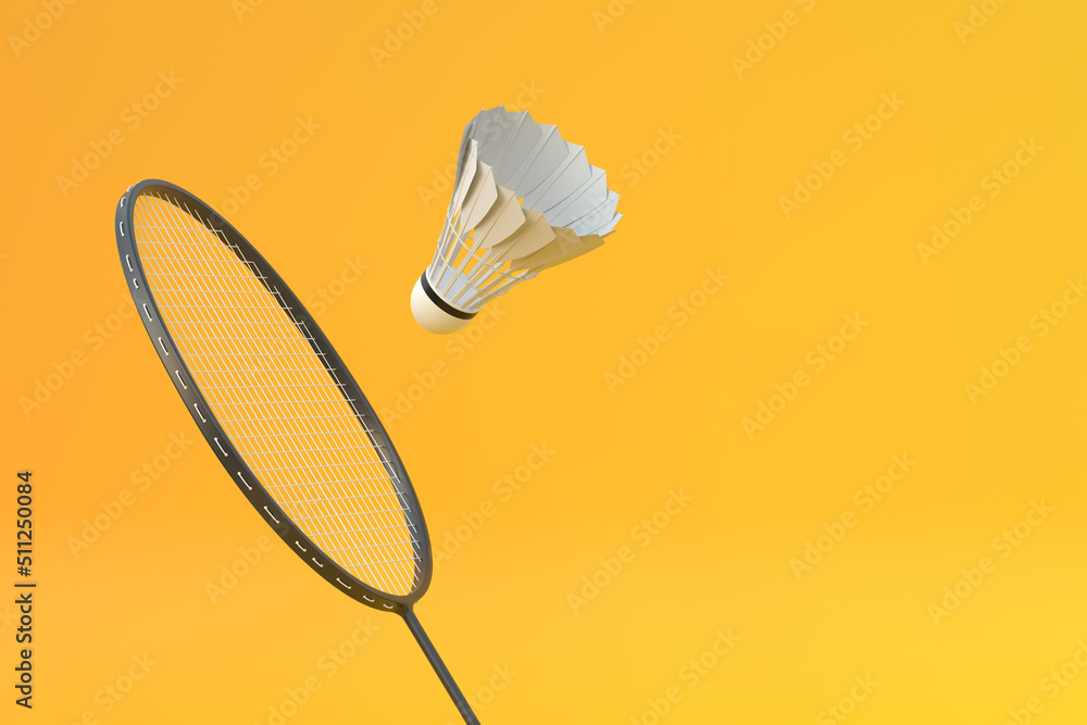 Badminton racket and shuttlecock on yellow background. 3d rendering ...