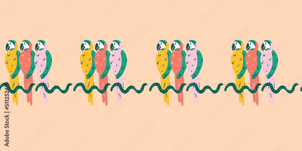 Parrot border repeat with snakes. Vector illustration of birds of ...