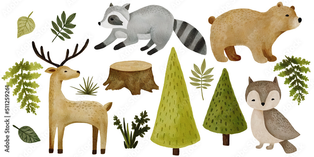Watercolor forest animal clipart with bear, deer, raccoon and rabbit ...