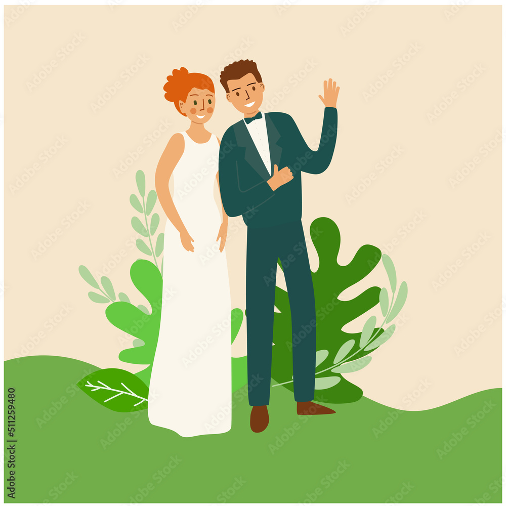 Wedding couple. Wedding cake topper. Flat style background. Couple ...