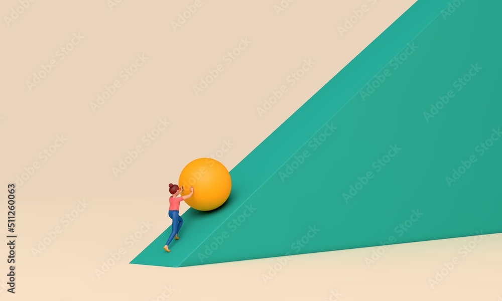 Female character pushing a large ball up a steep hill. Business ...