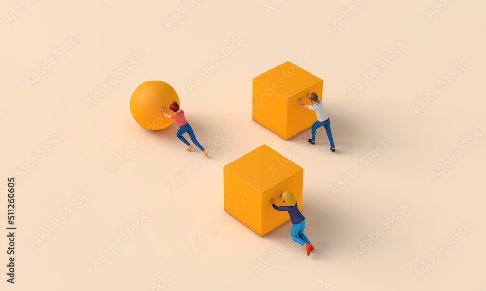 Efficient business. Person pushes a ball instead of a cube. 3D ...