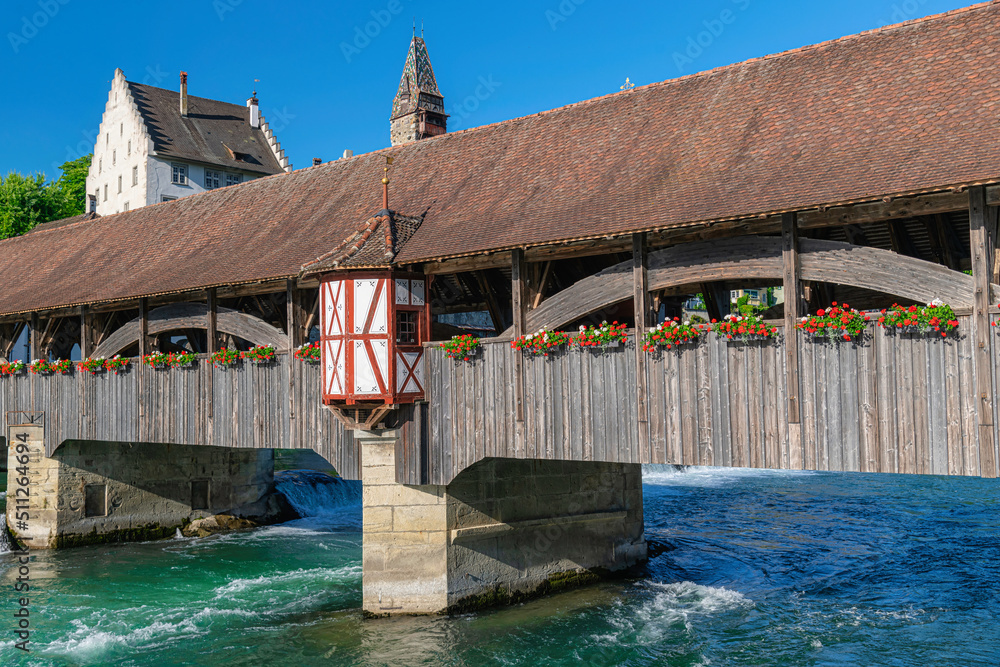 The medieval wooden bridge over Reuss river in Bremgarten is very known ...