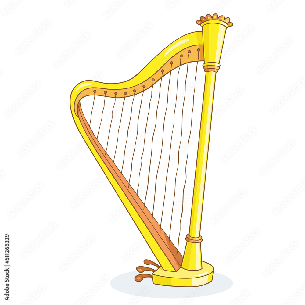 Classical harp is a stringed musical instrument. In cartoon style ...