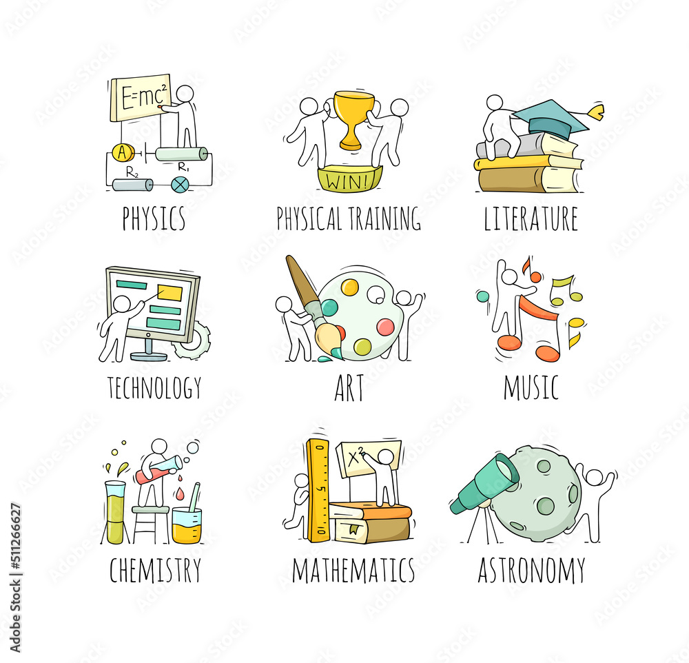School subjects icons with education equipment Stock Vector | Adobe Stock