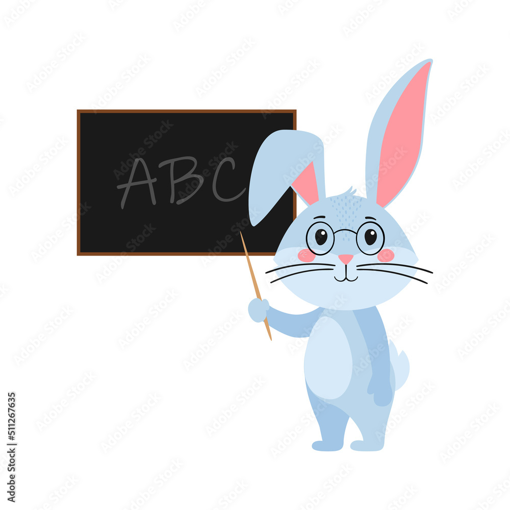 Cute cartoon rabbit or hare. Rabbit-teacher with pointer in his hand ...