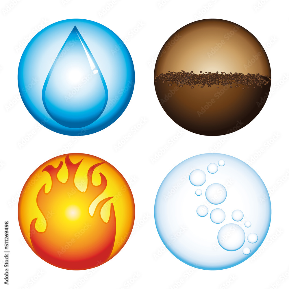 The four elements. Water, earth, fire, air. Vector icons set. Stock ...
