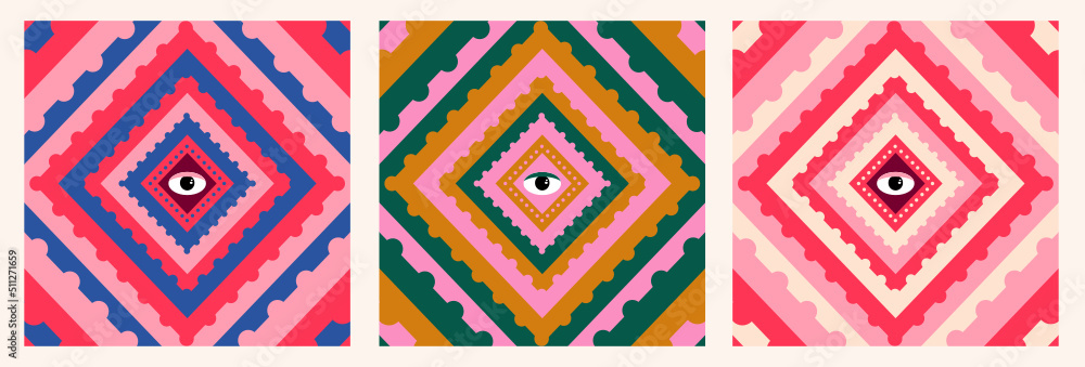 Abstract Eye pattern in three color combinations. All seeing eyes ...