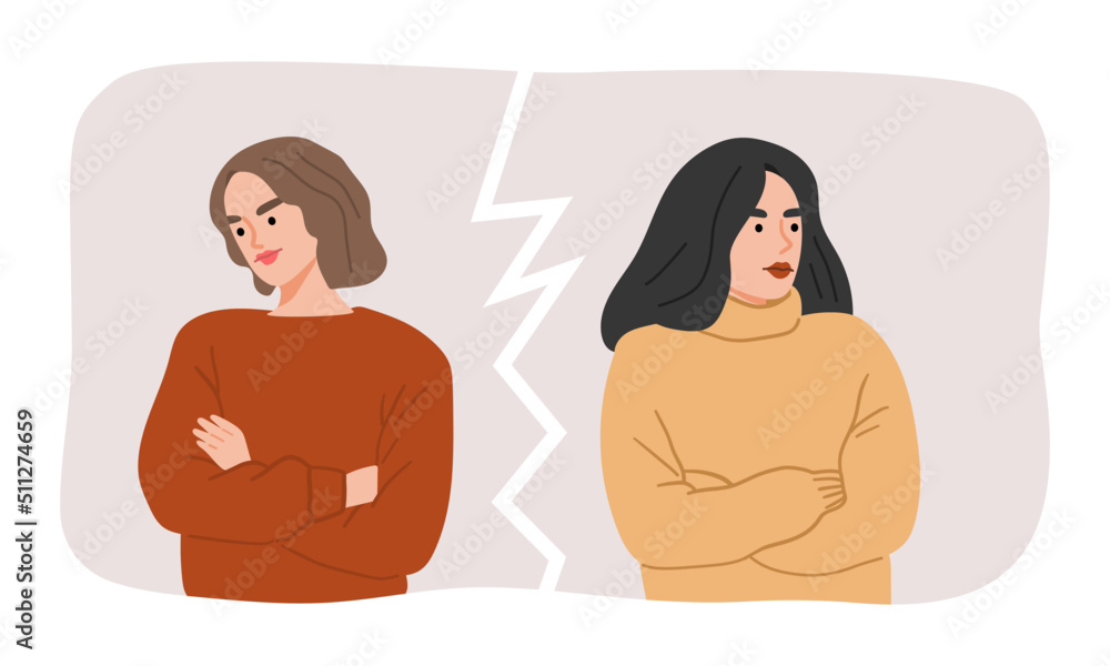 Upset and angry people in a quarrel. Two young women are offended by ...