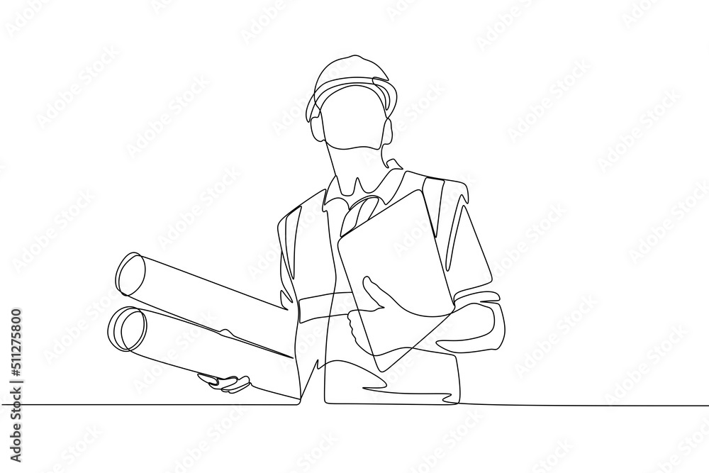 Vetor de Single continuous line drawing of young male architect holding ...