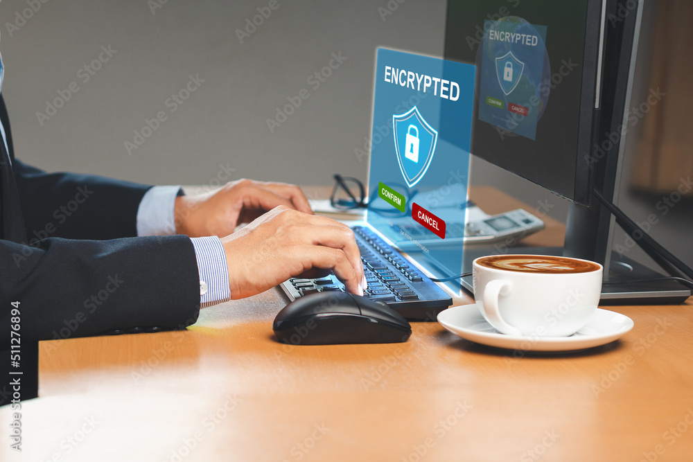 Data encryption online cyber security privacy concep. A Monitor screen ...