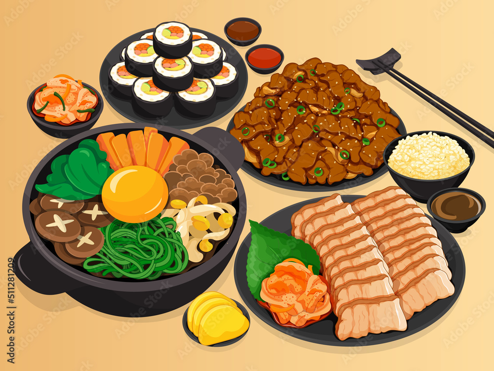 Vetor de Korean food menu set collection. (Bibimbap, Bulgogi, Bo-ssam ...