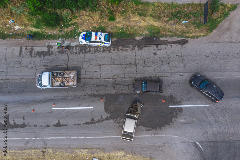 Severe accident. Traffic accidents on the road. View from above. The ...