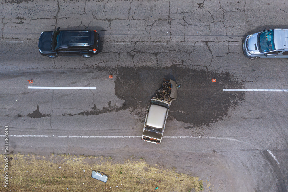 Severe accident. Traffic accidents on the road. View from above. The ...