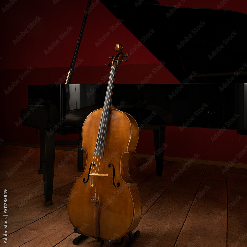 Two classical instruments - the cello and the grand piano - on a stage ...