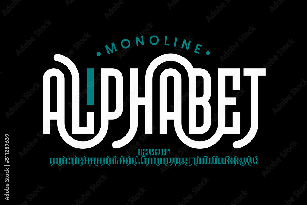 Monoline style font design, set of alphabet letters and numbers vector ...