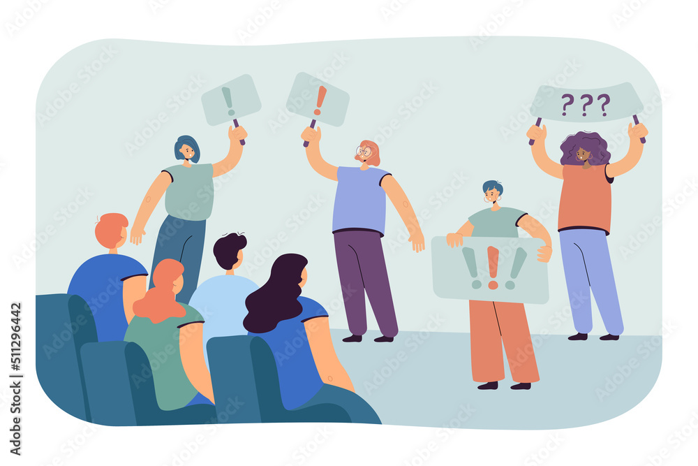 People with placards and banners calling audience for action. Men and ...