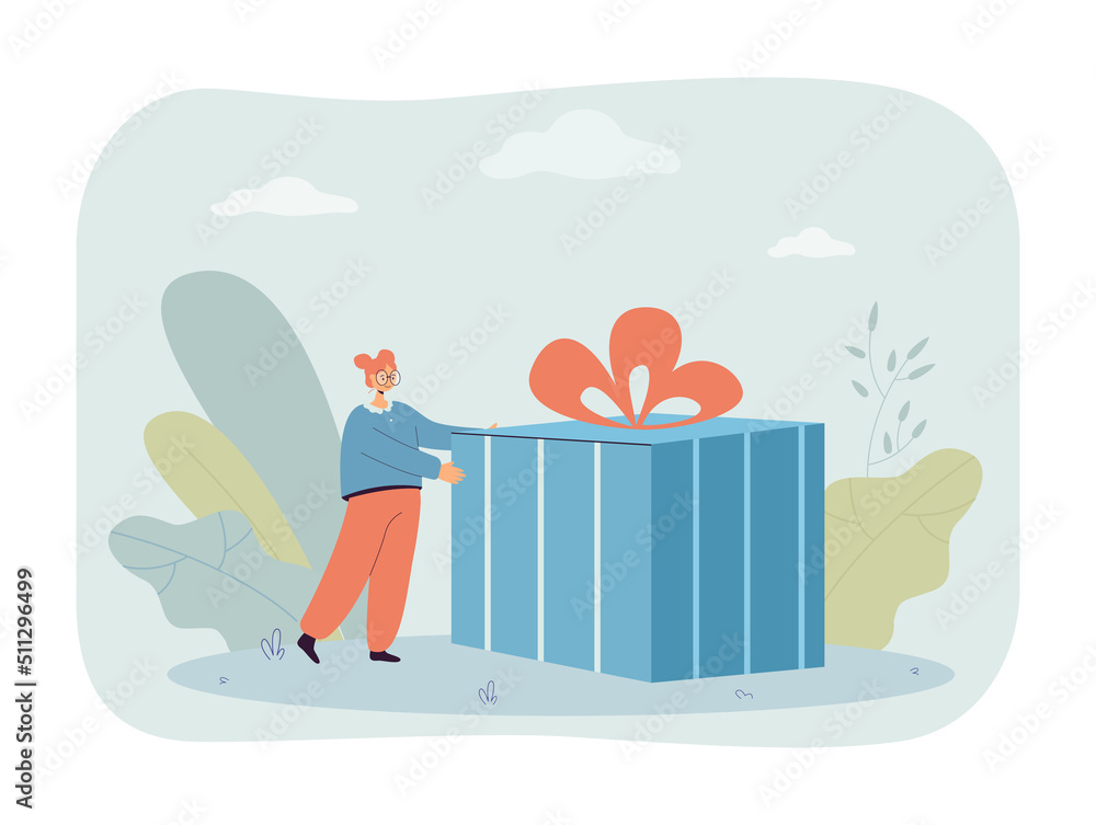 Tiny cartoon woman next to huge gift box with ribbon. Present box or ...