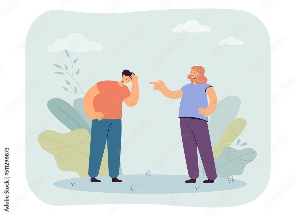 Cartoon wife scolding husband. Angry woman pointing and mocking at man ...