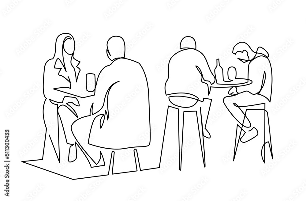 People have lunch in a street cafe continuous one line drawing. Friends ...