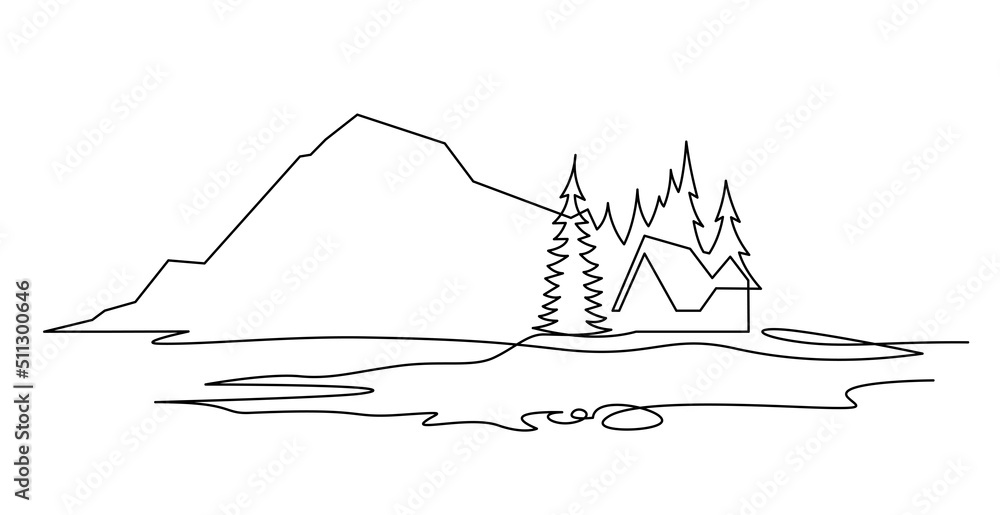 Rural landscape continuous one line vector drawing. Lake house in the ...