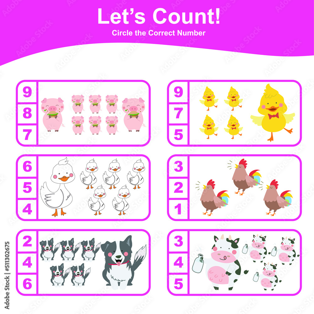 Vetor de Counting animal worksheet for preschool. Teaching children how ...