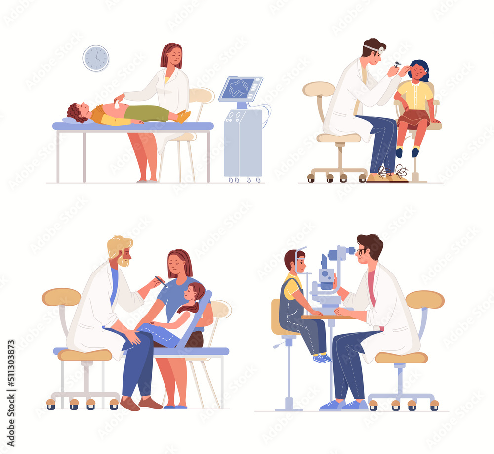 Set of illustrations of medical diagnostics. Examinations of children ...