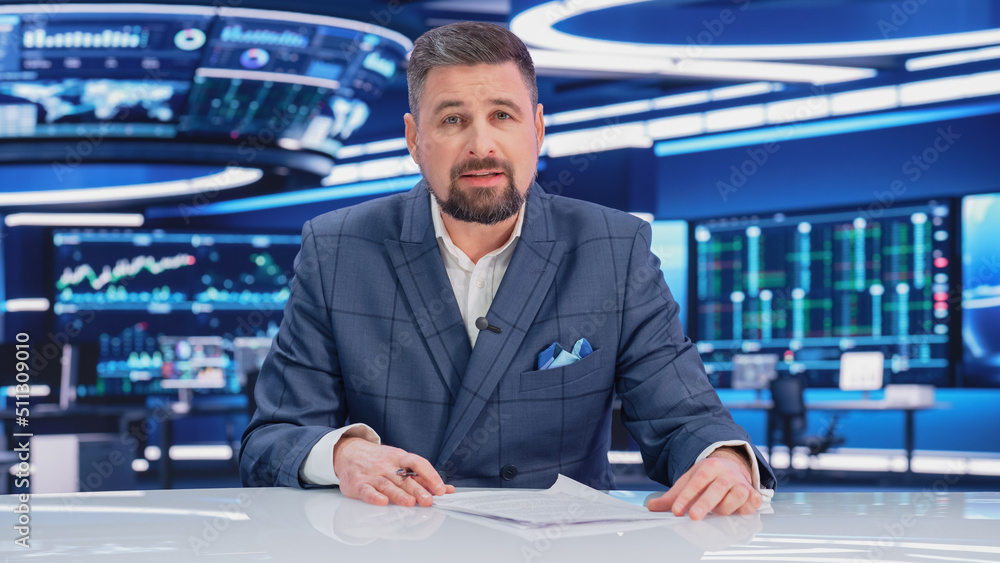 TV Live News Program: Charismatic White Male Presenter Reporting ...