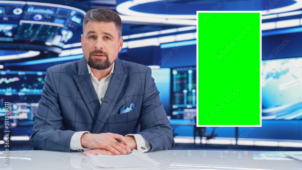 Split Screen TV News Live Report: Male Anchor Talks, Reporting ...