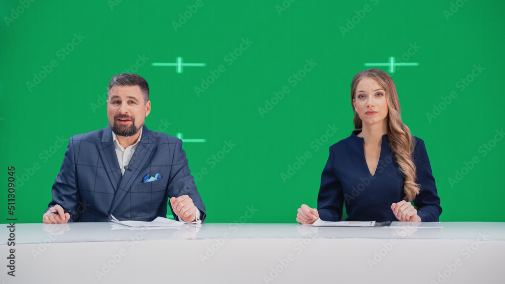 Newsroom TV Studio Live News Program: Caucasian Male and Female ...