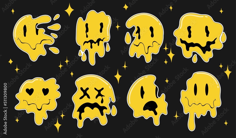 Trippy sticker set of melted smiley faces. Funny cartoon illustration ...