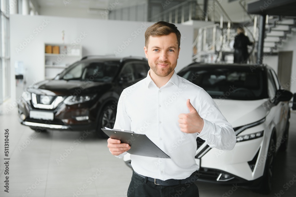 Assistant in vehicle search. Portrait of a handsome young car sales man ...