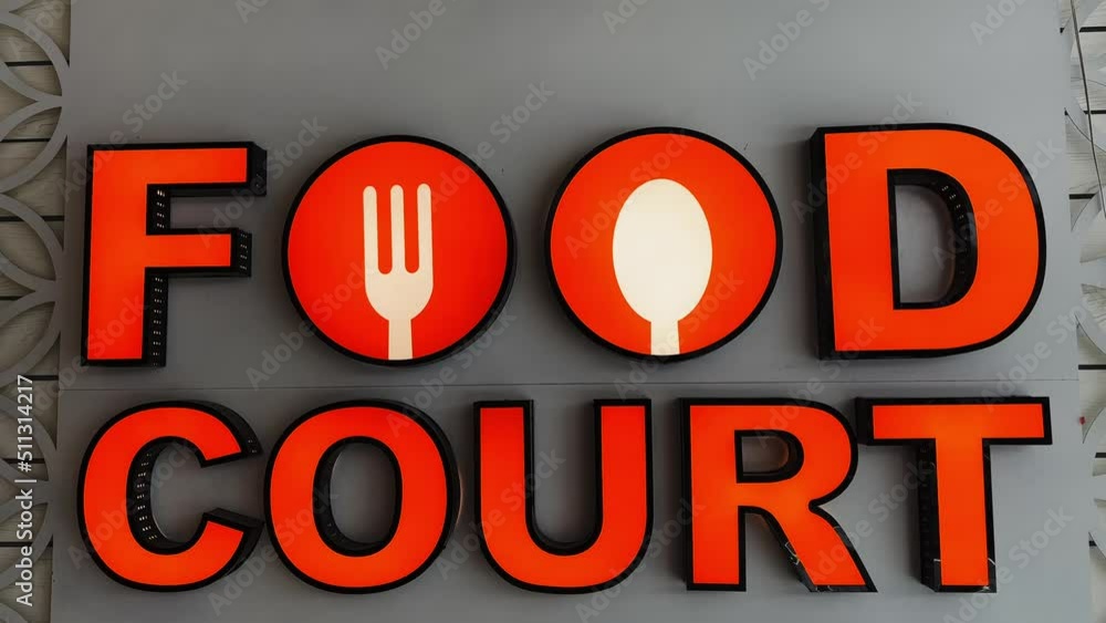Close up shot of FOOD COURT written in the board of mall in Hyderabad ...