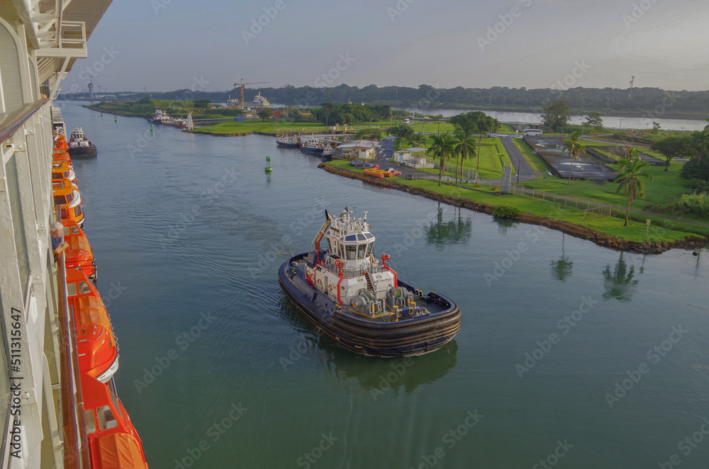 Transit passage through locks of famous Panama Canal on cruiseship ...