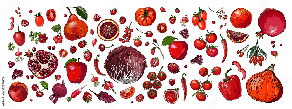 Food vector Red Colored vegetables and fruits on a white background ...