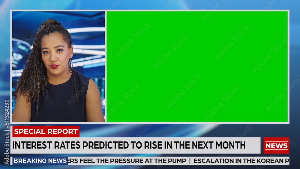 Split Screen TV News Live Report: Female Anchor Talks, Reporting ...