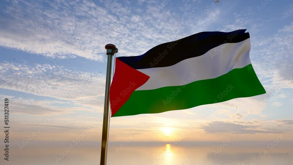 Flag of Palestine waving in the wind, sky and sun background. Palestine ...