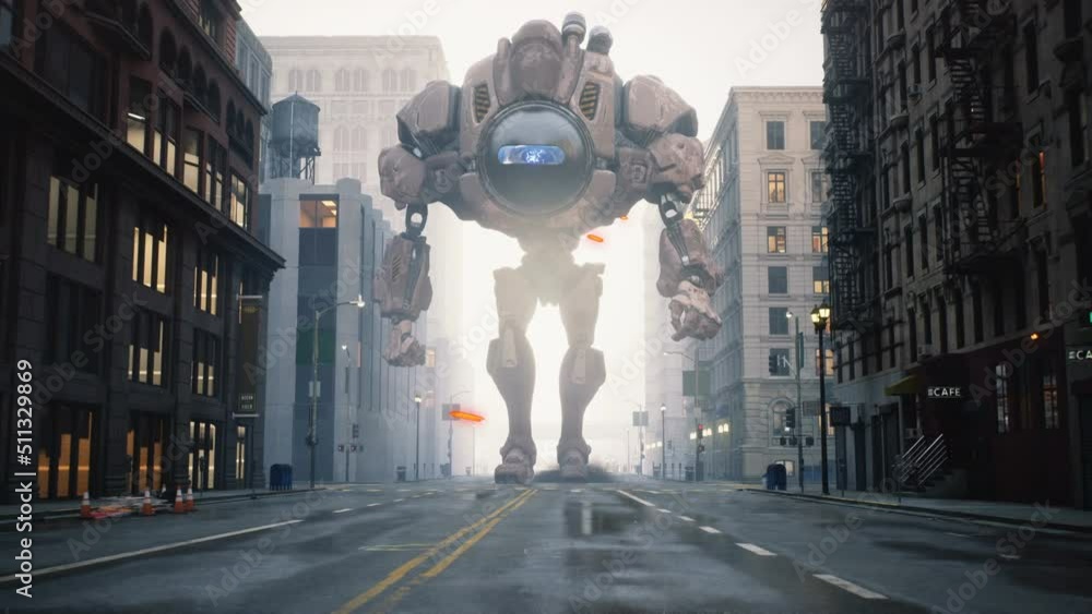 A giant robot invader strides through a smoky and blazing metropolis. Apocalyptic atmosphere of ...