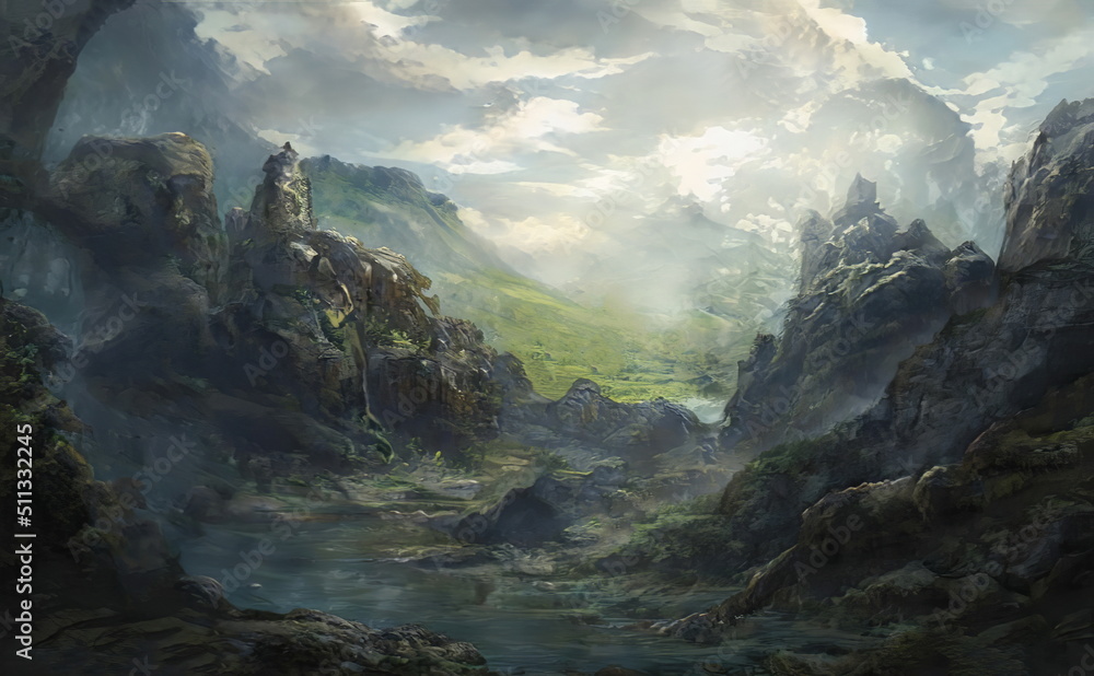 Stockillustratie Fantastic Epic Magical Landscape of Mountains. Summer ...