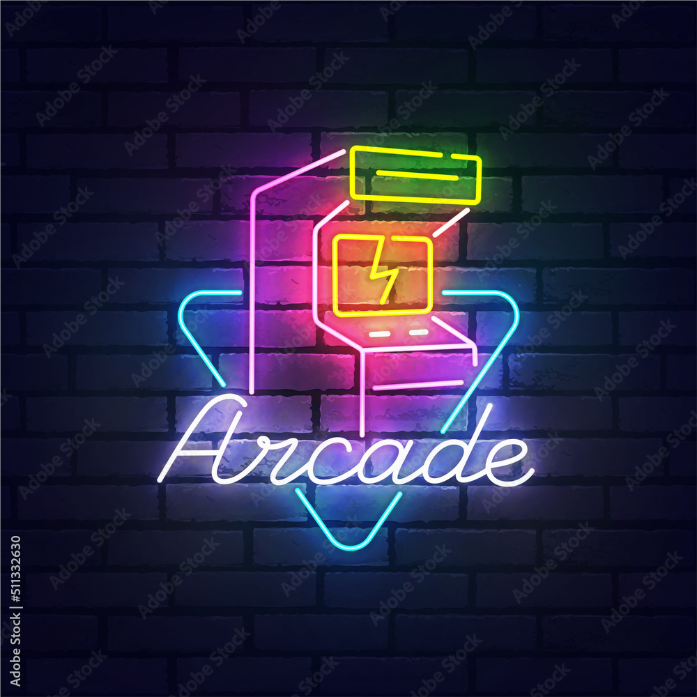 Arcade Game neon sign, bright signboard, light banner. Arcade machine ...