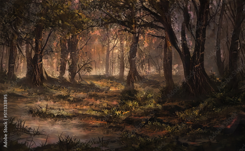 Fantastic Epic Magical Forest Landscape. Summer beautiful mystic nature ...