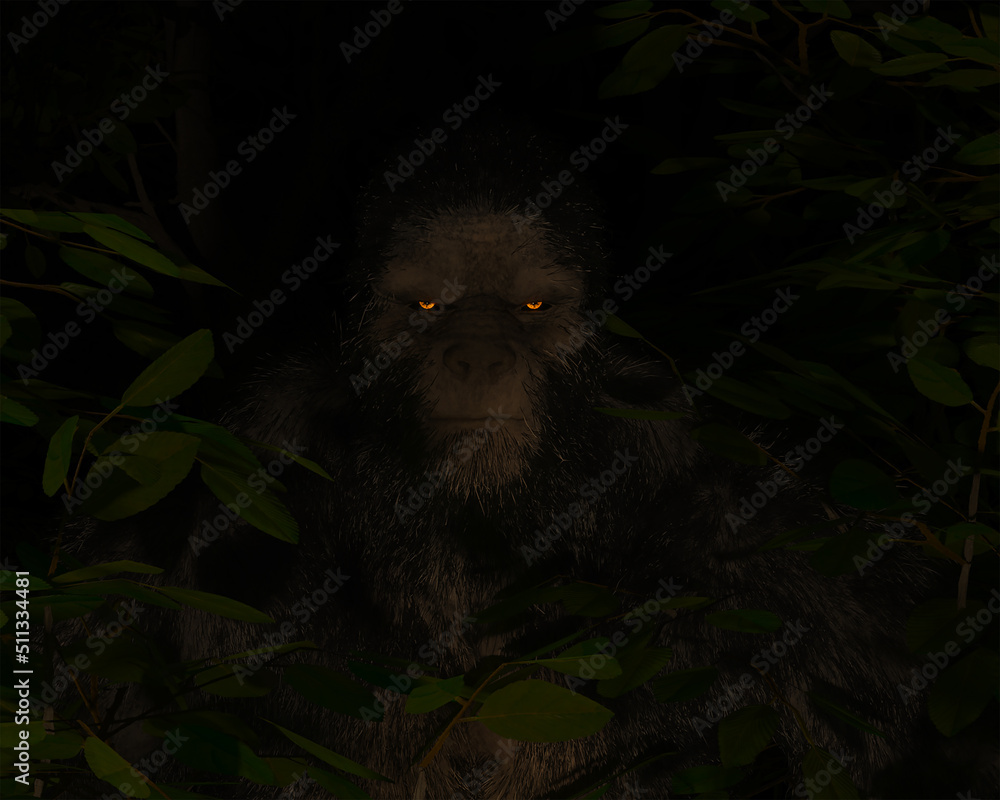 Bigfoot cryptid lurking in bushes at night possibly watching campers ...