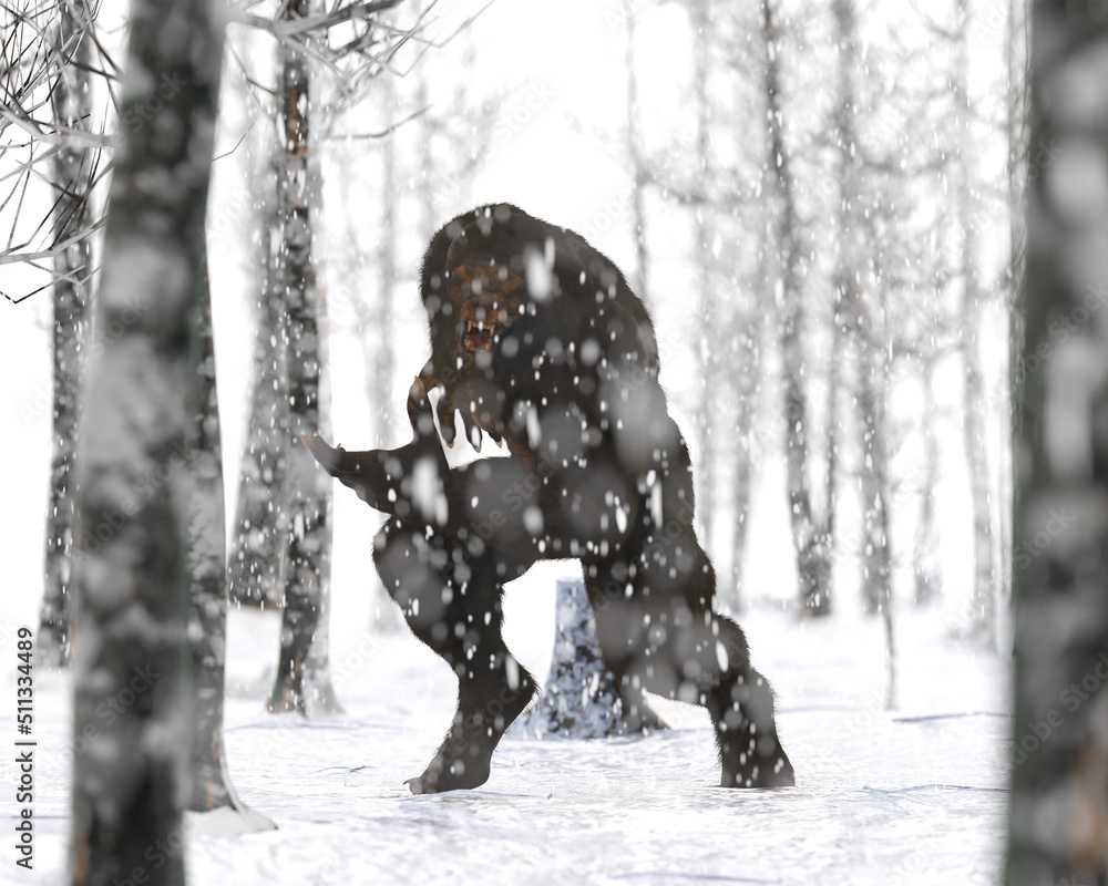 Aggressive looking Gugwe bigfoot variant in a snowy forest during a ...
