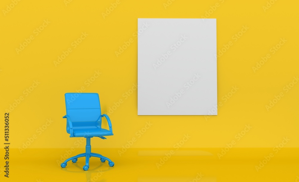 Bright blue office chair is standing in a yellow room. A vertical blank ...