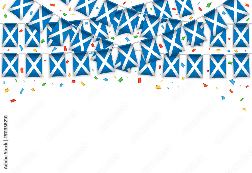 Scotland flags garland white background with confetti, Hanging bunting ...
