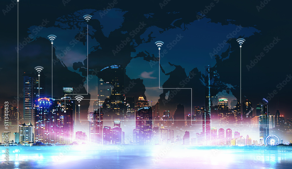 Network and world map, line contact digital transformation, interface ...